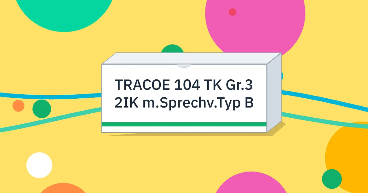 Symbolbild: Packung mit der Aufschrift TRACOE 104 TK Gr.3 2IK m.Sprechv.Typ B (PZN 00911569) – Verfügbarkeit und Bezug in Apotheken in Frankfurt am Main