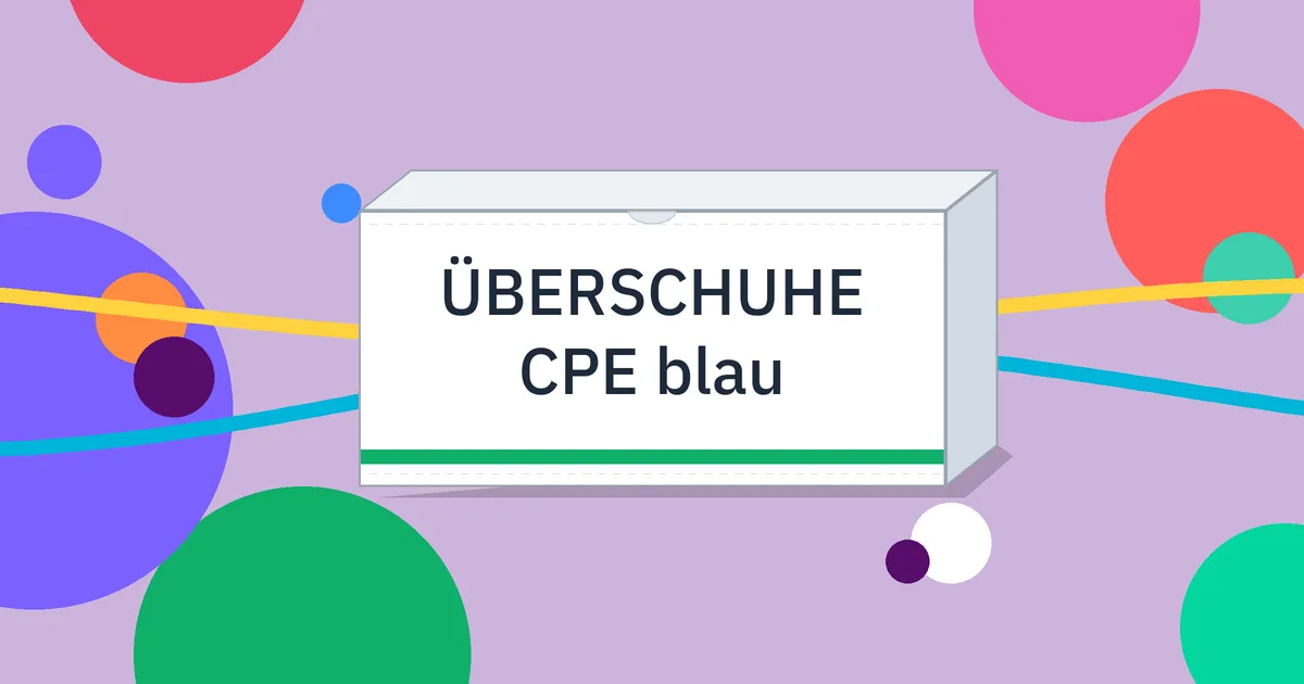 Symbolbild: Packung mit der Aufschrift ÜBERSCHUHE CPE blau (PZN 09212815) – Verfügbarkeit und Bezug in Apotheken in Frankfurt am Main