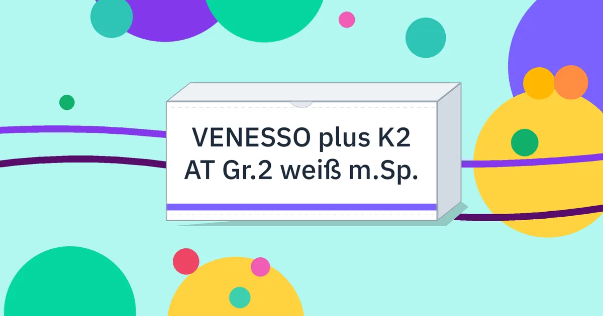 Symbolbild: Packung mit der Aufschrift VENESSO plus K2 AT Gr.2 weiß m.Sp. (PZN 03287781) – Verfügbarkeit und Bezug in Apotheken in Frankfurt am Main