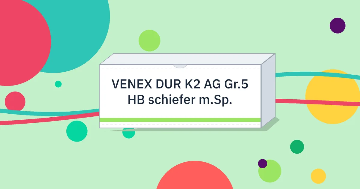 Symbolbild: Packung mit der Aufschrift VENEX DUR K2 AG Gr.5 HB schiefer m.Sp. (PZN 03218975) – Verfügbarkeit und Bezug in Apotheken in Frankfurt am Main