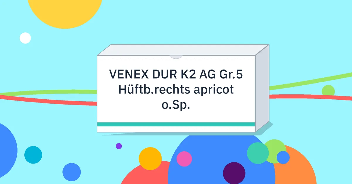 Symbolbild: Packung mit der Aufschrift VENEX DUR K2 AG Gr.5 Hüftb.rechts apricot o.Sp. (PZN 03231651) – Verfügbarkeit und Bezug in Apotheken in Frankfurt am Main