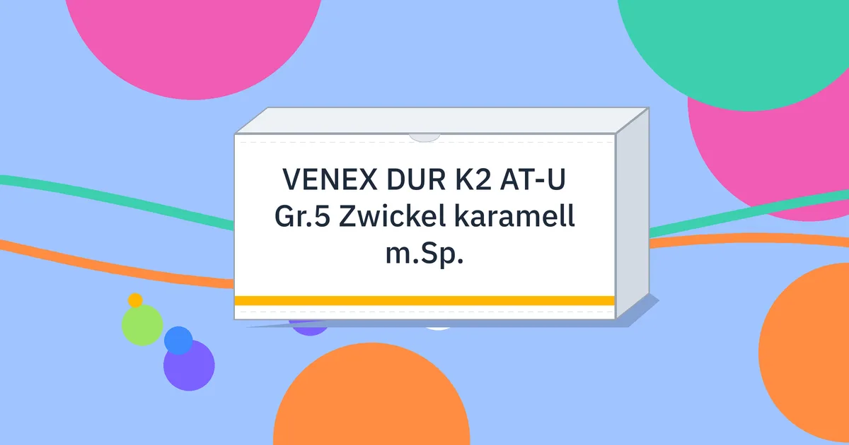 Symbolbild: Packung mit der Aufschrift VENEX DUR K2 AT-U Gr.5 Zwickel karamell m.Sp. (PZN 13759525) – Verfügbarkeit und Bezug in Apotheken in Frankfurt am Main