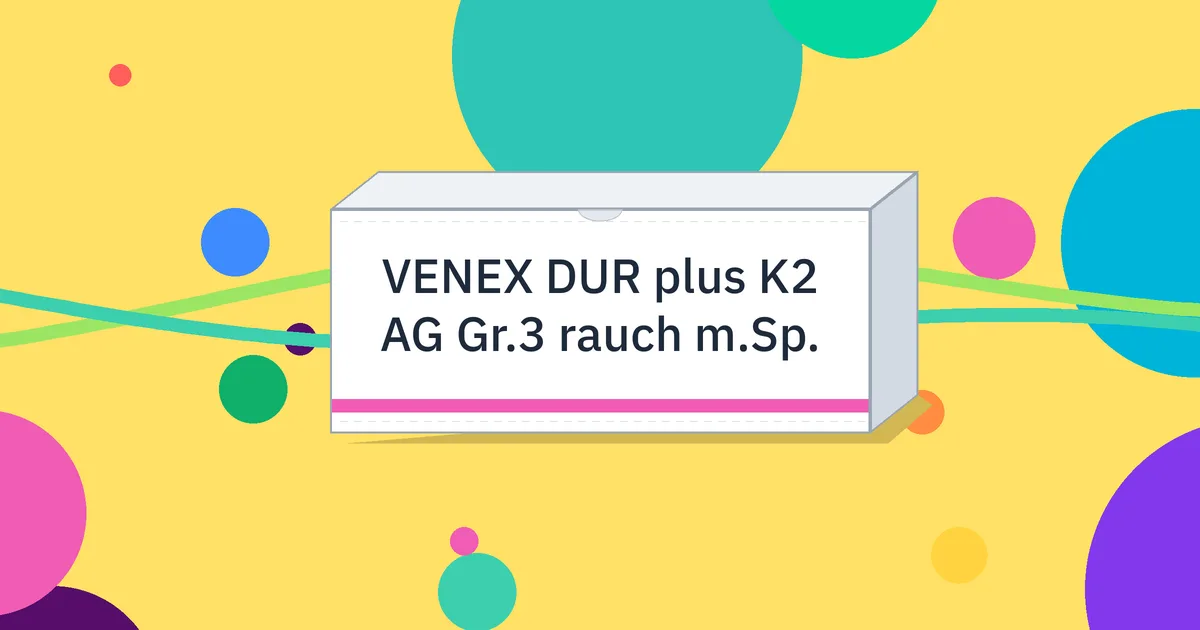 Symbolbild: Packung mit der Aufschrift VENEX DUR plus K2 AG Gr.3 rauch m.Sp. (PZN 03234678) – Verfügbarkeit und Bezug in Apotheken in Frankfurt am Main
