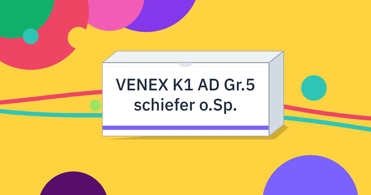 Symbolbild: Packung mit der Aufschrift VENEX K1 AD Gr.5 schiefer o.Sp. (PZN 03185980) – Verfügbarkeit und Bezug in Apotheken in Frankfurt am Main