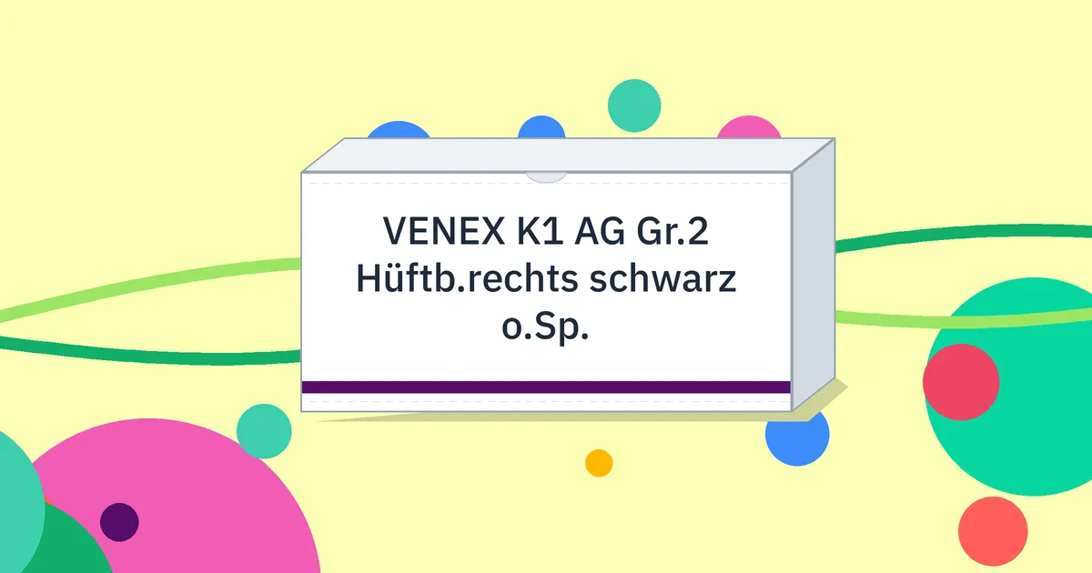 Symbolbild: Packung mit der Aufschrift VENEX K1 AG Gr.2 Hüftb.rechts schwarz o.Sp. (PZN 03208155) – Verfügbarkeit und Bezug in Apotheken in Frankfurt am Main