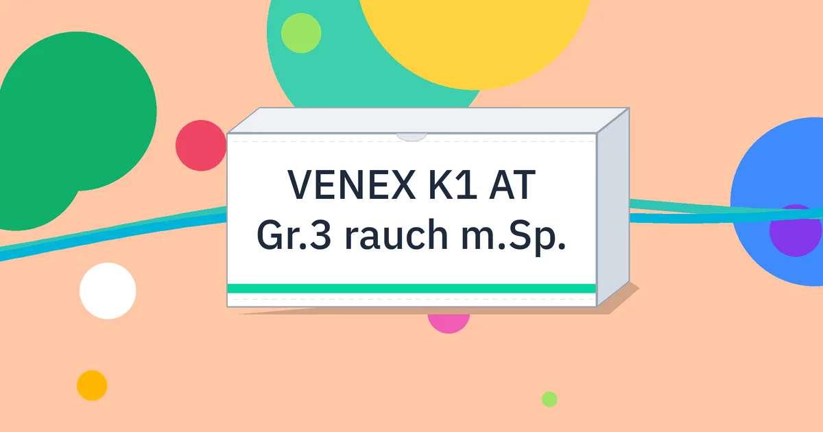 Symbolbild: Packung mit der Aufschrift VENEX K1 AT Gr.3 rauch m.Sp. (PZN 03194677) – Verfügbarkeit und Bezug in Apotheken in Frankfurt am Main