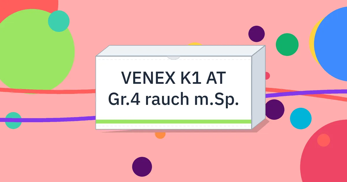 Symbolbild: Packung mit der Aufschrift VENEX K1 AT Gr.4 rauch m.Sp. (PZN 03194683) – Verfügbarkeit und Bezug in Apotheken in Frankfurt am Main