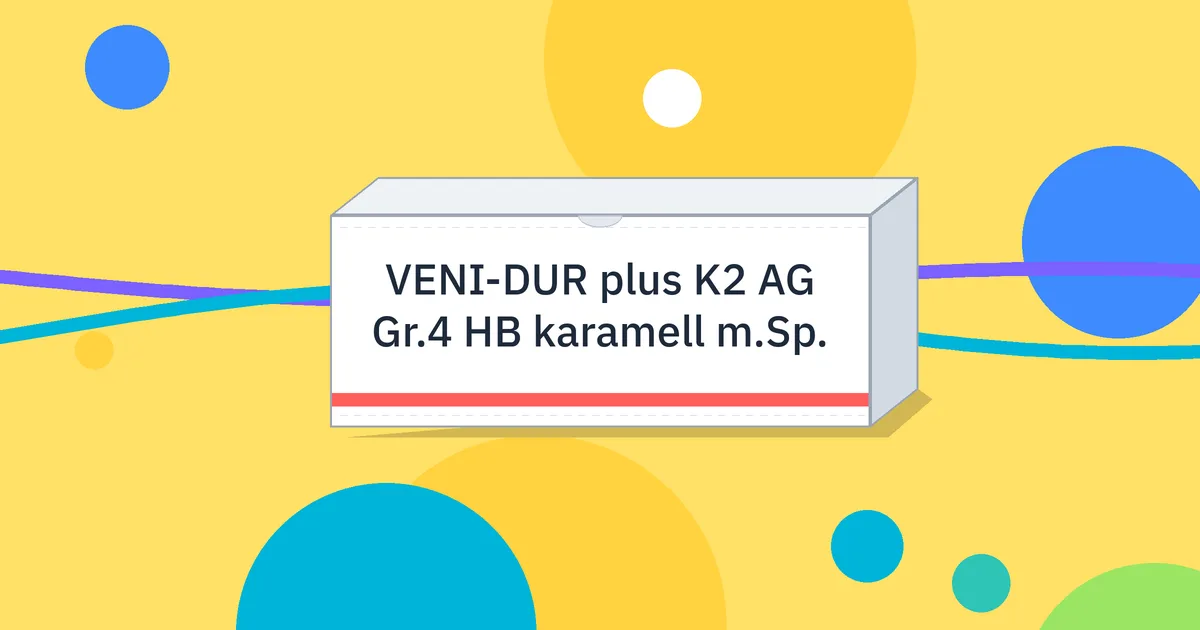 Symbolbild: Packung mit der Aufschrift VENI-DUR plus K2 AG Gr.4 HB karamell m.Sp. (PZN 13756739) – Verfügbarkeit und Bezug in Apotheken in Frankfurt am Main