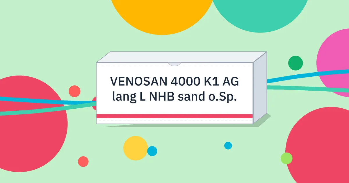 Symbolbild: Packung mit der Aufschrift VENOSAN 4000 K1 AG lang L NHB sand o.Sp. (PZN 14422093) – Verfügbarkeit und Bezug in Apotheken in Frankfurt am Main