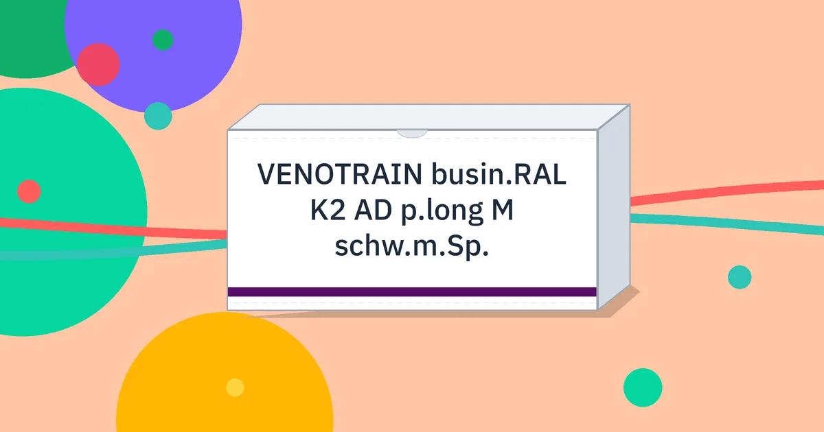 Symbolbild: Packung mit der Aufschrift VENOTRAIN busin.RAL K2 AD p.long M schw.m.Sp. (PZN 06949656) – Verfügbarkeit und Bezug in Apotheken in Frankfurt am Main