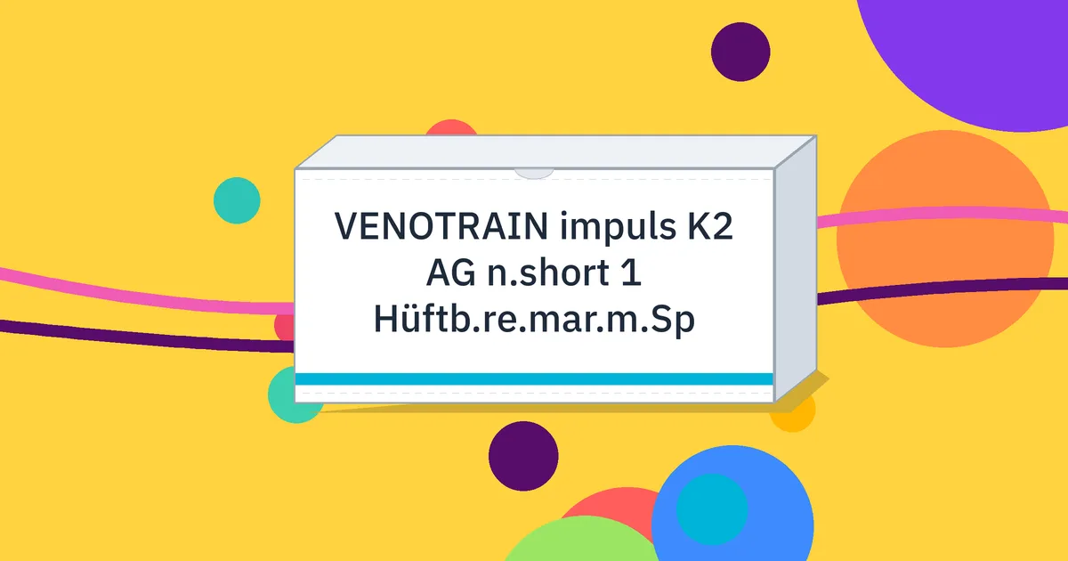 Symbolbild: Packung mit der Aufschrift VENOTRAIN impuls K2 AG n.short 1 Hüftb.re.mar.m.Sp (PZN 15216378) – Verfügbarkeit und Bezug in Apotheken in Frankfurt am Main