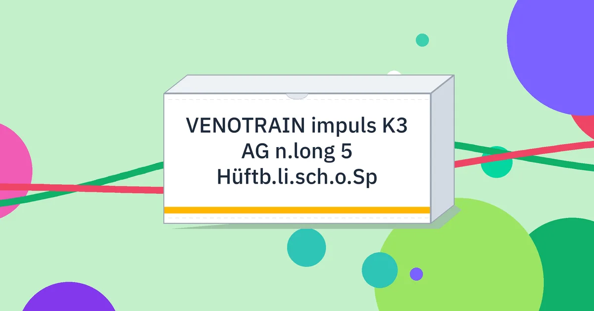Symbolbild: Packung mit der Aufschrift VENOTRAIN impuls K3 AG n.long 5 Hüftb.li.sch.o.Sp (PZN 10295947) – Verfügbarkeit und Bezug in Apotheken in Frankfurt am Main