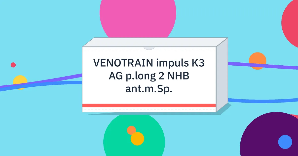 Symbolbild: Packung mit der Aufschrift VENOTRAIN impuls K3 AG p.long 2 NHB ant.m.Sp. (PZN 15216042) – Verfügbarkeit und Bezug in Apotheken in Frankfurt am Main