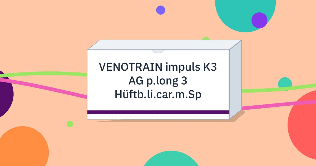 Symbolbild: Packung mit der Aufschrift VENOTRAIN impuls K3 AG p.long 3 Hüftb.li.car.m.Sp (PZN 10295516) – Verfügbarkeit und Bezug in Apotheken in Frankfurt am Main
