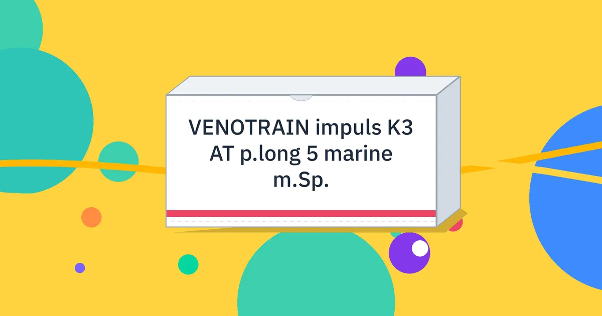 Symbolbild: Packung mit der Aufschrift VENOTRAIN impuls K3 AT p.long 5 marine m.Sp. (PZN 19355786) – Verfügbarkeit und Bezug in Apotheken in Frankfurt am Main