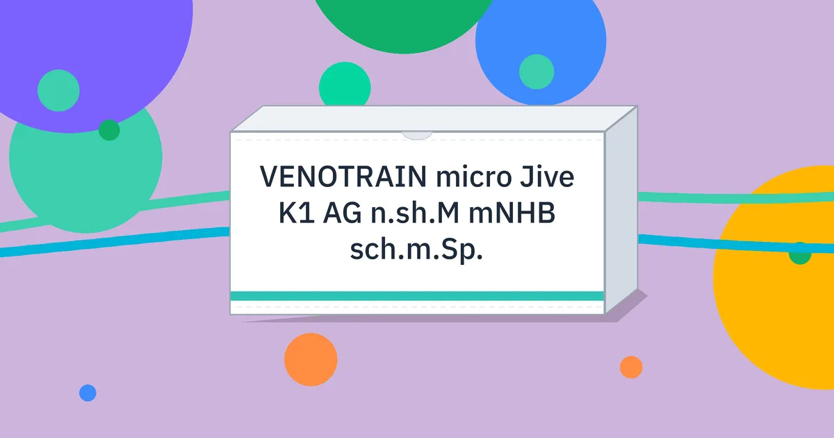 Symbolbild: Packung mit der Aufschrift VENOTRAIN micro Jive K1 AG n.sh.M mNHB sch.m.Sp. (PZN 17762530) – Verfügbarkeit und Bezug in Apotheken in Frankfurt am Main