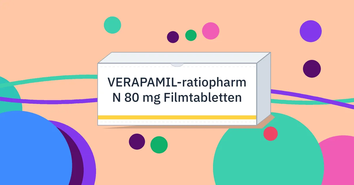 Symbolbild: Packung mit der Aufschrift VERAPAMIL-ratiopharm N 80 mg Filmtabletten (PZN 03634082) – Verfügbarkeit und Bezug in Apotheken in Frankfurt am Main