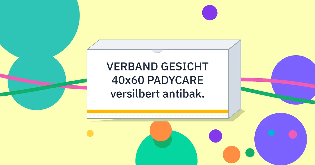 Symbolbild: Packung mit der Aufschrift VERBAND GESICHT 40x60 PADYCARE versilbert antibak. (PZN 10940388) – Verfügbarkeit und Bezug in Apotheken in Frankfurt am Main
