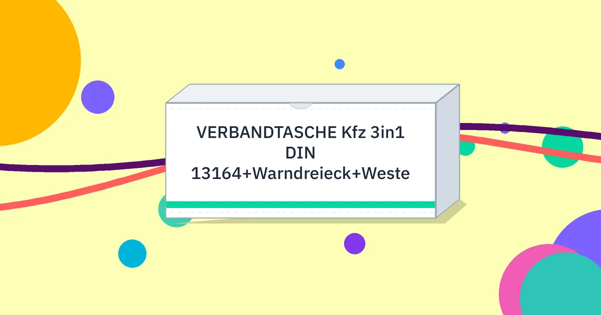 Symbolbild: Packung mit der Aufschrift VERBANDTASCHE Kfz 3in1 DIN 13164+Warndreieck+Weste (PZN 07589852) – Verfügbarkeit und Bezug in Apotheken in Frankfurt am Main