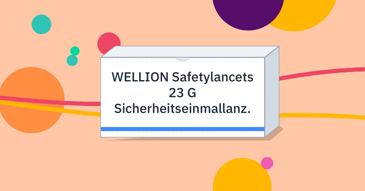 Symbolbild: Packung mit der Aufschrift WELLION Safetylancets 23 G Sicherheitseinmallanz. (PZN 00866260) – Verfügbarkeit und Bezug in Apotheken in Frankfurt am Main