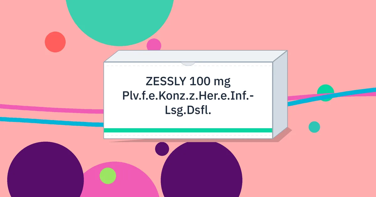 Symbolbild: Packung mit der Aufschrift ZESSLY 100 mg Plv.f.e.Konz.z.Her.e.Inf.-Lsg.Dsfl. (PZN 18361626) – Verfügbarkeit und Bezug in Apotheken in Frankfurt am Main