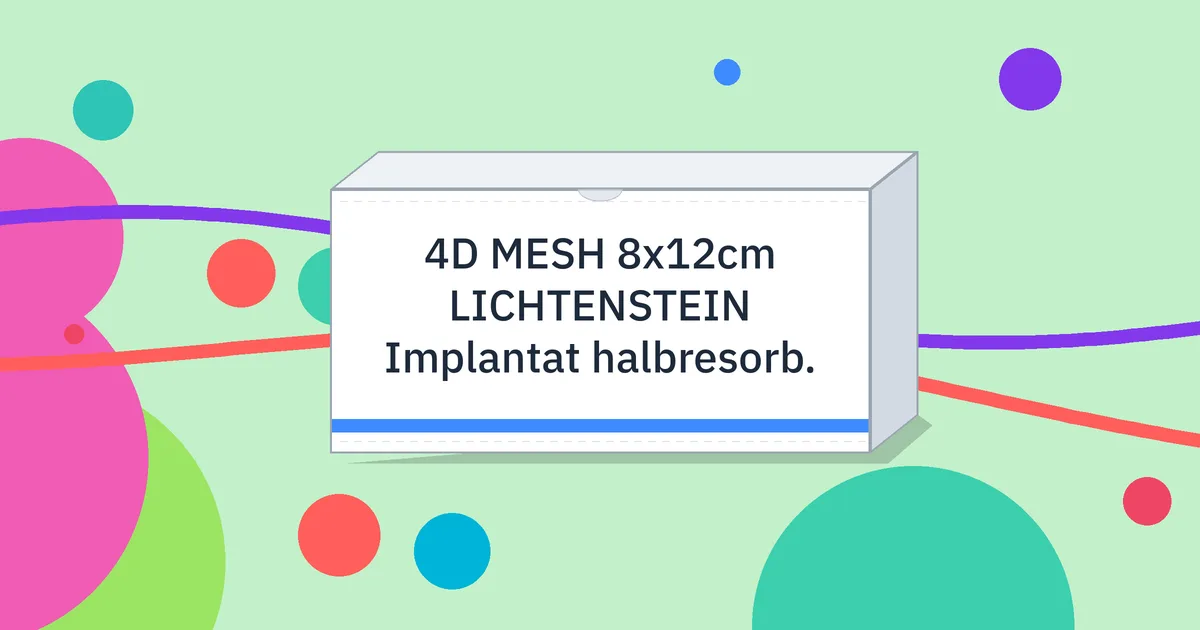 Symbolbild: Packung mit der Aufschrift 4D MESH 8x12cm LICHTENSTEIN Implantat halbresorb. (PZN 19504335) – Verfügbarkeit und Bezug in Apotheken in Frankfurt am Main