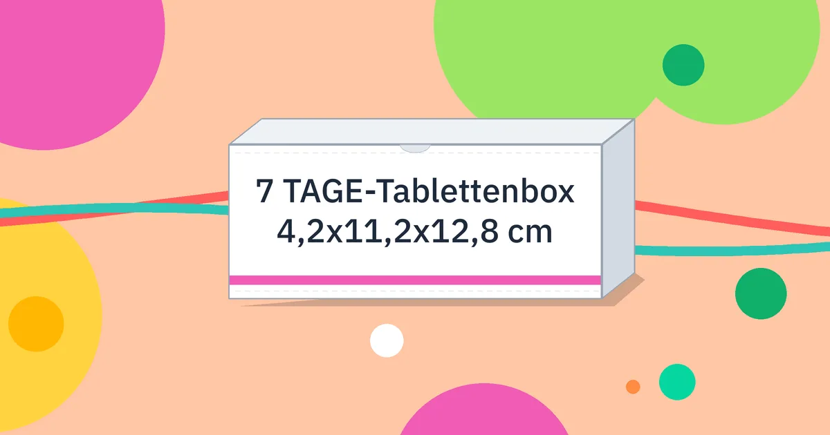 Symbolbild: Packung mit der Aufschrift 7 TAGE-Tablettenbox 4,2x11,2x12,8 cm (PZN 16023894) – Verfügbarkeit und Bezug in Apotheken in Frankfurt am Main