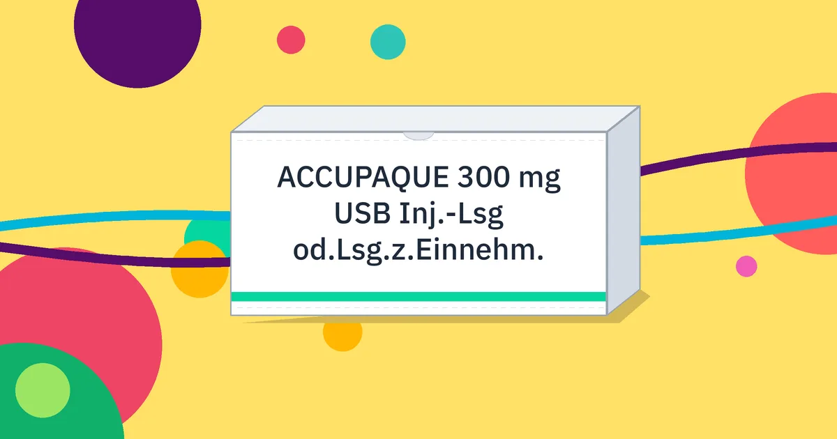 Symbolbild: Packung mit der Aufschrift ACCUPAQUE 300 mg USB Inj.-Lsg od.Lsg.z.Einnehm. (PZN 00500317) – Verfügbarkeit und Bezug in Apotheken in Frankfurt am Main