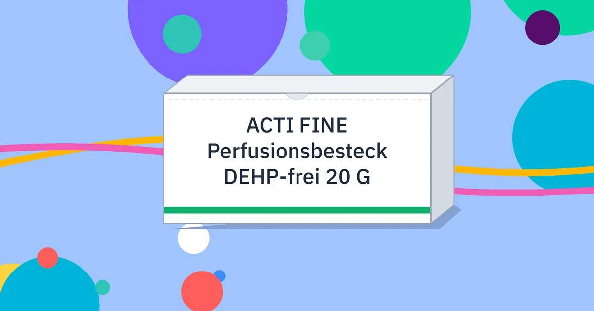 Symbolbild: Packung mit der Aufschrift ACTI FINE Perfusionsbesteck DEHP-frei 20 G (PZN 10843521) – Verfügbarkeit und Bezug in Apotheken in Frankfurt am Main