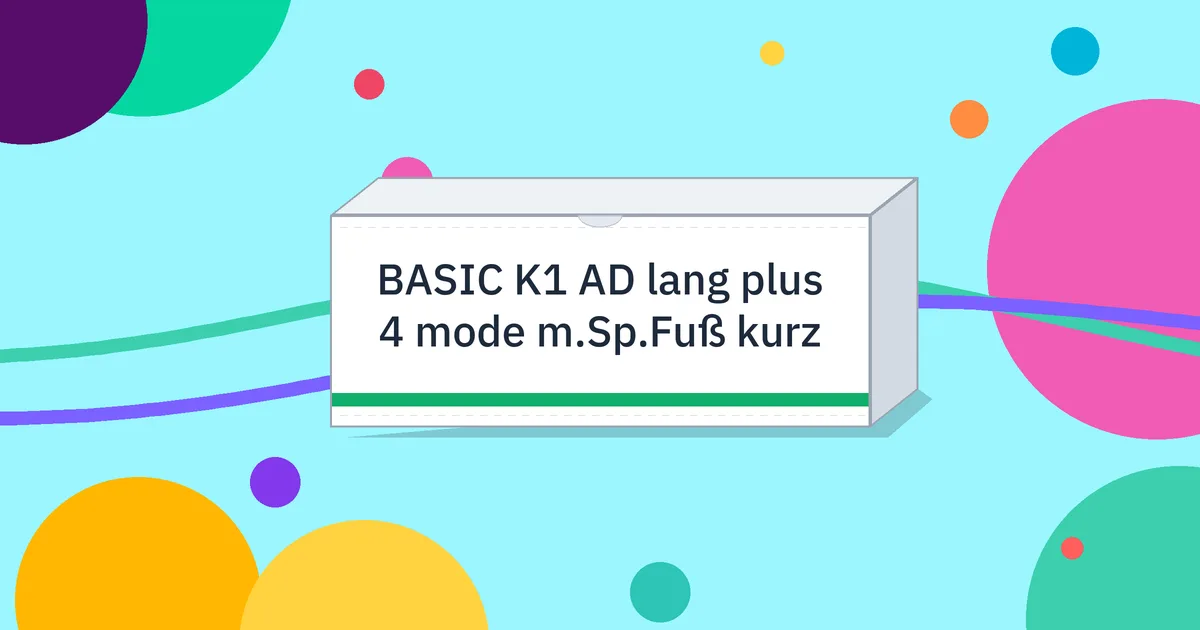 Symbolbild: Packung mit der Aufschrift BASIC K1 AD lang plus 4 mode m.Sp.Fuß kurz (PZN 20258539) – Verfügbarkeit und Bezug in Apotheken in Frankfurt am Main