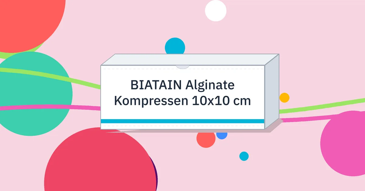 Symbolbild: Packung mit der Aufschrift BIATAIN Alginate Kompressen 10x10 cm (PZN 18070159) – Verfügbarkeit und Bezug in Apotheken in Frankfurt am Main