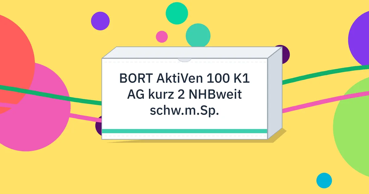 Symbolbild: Packung mit der Aufschrift BORT AktiVen 100 K1 AG kurz 2 NHBweit schw.m.Sp. (PZN 14388479) – Verfügbarkeit und Bezug in Apotheken in Frankfurt am Main