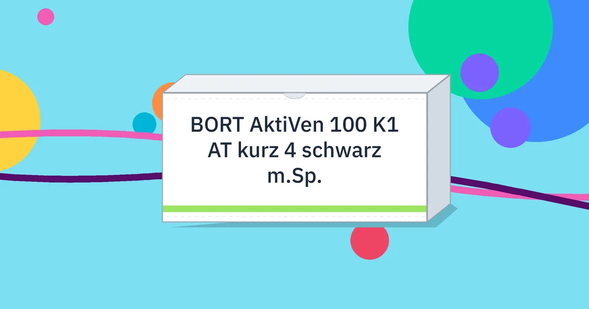 Symbolbild: Packung mit der Aufschrift BORT AktiVen 100 K1 AT kurz 4 schwarz m.Sp. (PZN 14389154) – Verfügbarkeit und Bezug in Apotheken in Frankfurt am Main