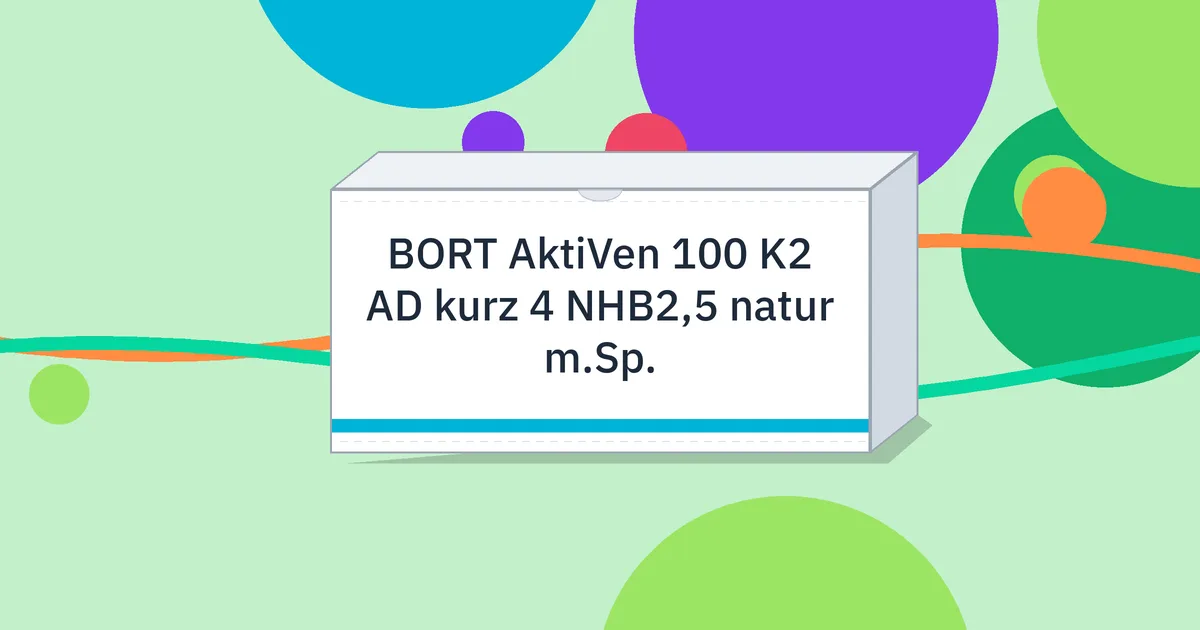 Symbolbild: Packung mit der Aufschrift BORT AktiVen 100 K2 AD kurz 4 NHB2,5 natur m.Sp. (PZN 17498866) – Verfügbarkeit und Bezug in Apotheken in Frankfurt am Main