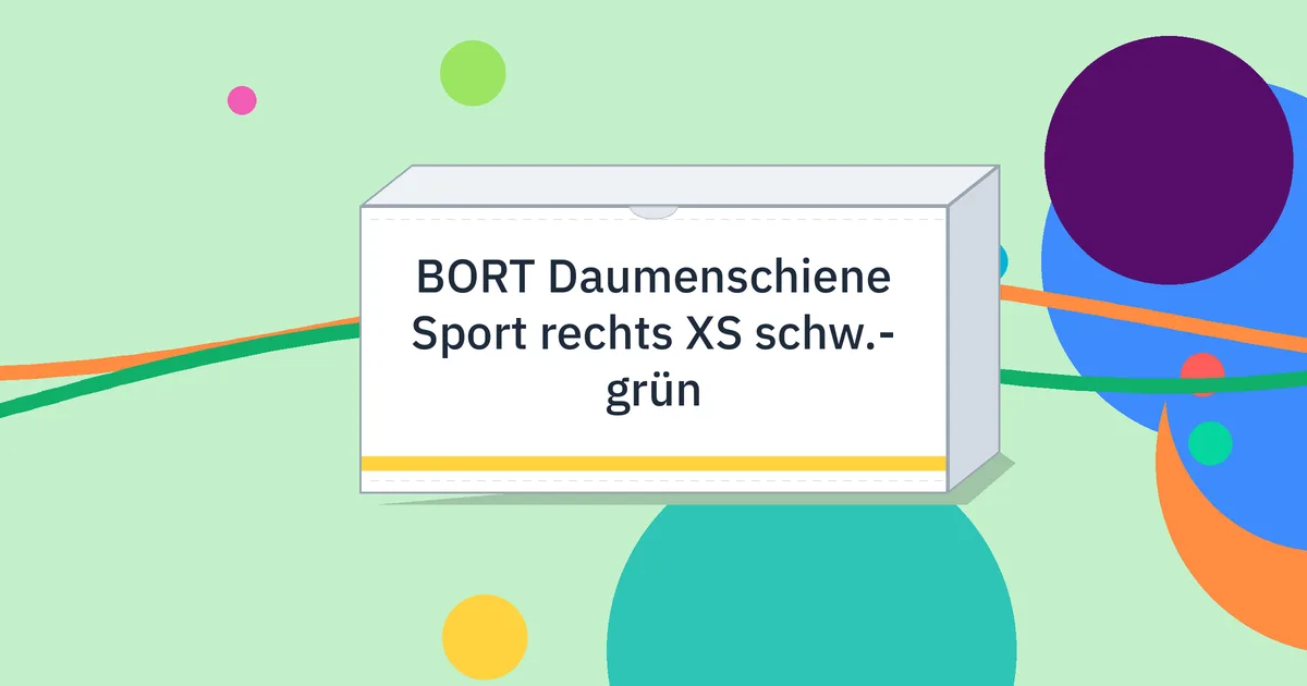 Symbolbild: Packung mit der Aufschrift BORT Daumenschiene Sport rechts XS schw.-grün (PZN 19110731) – Verfügbarkeit und Bezug in Apotheken in Frankfurt am Main