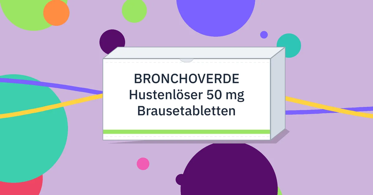 Symbolbild: Packung mit der Aufschrift BRONCHOVERDE Hustenlöser 50 mg Brausetabletten (PZN 09542949) – Verfügbarkeit und Bezug in Apotheken in Frankfurt am Main