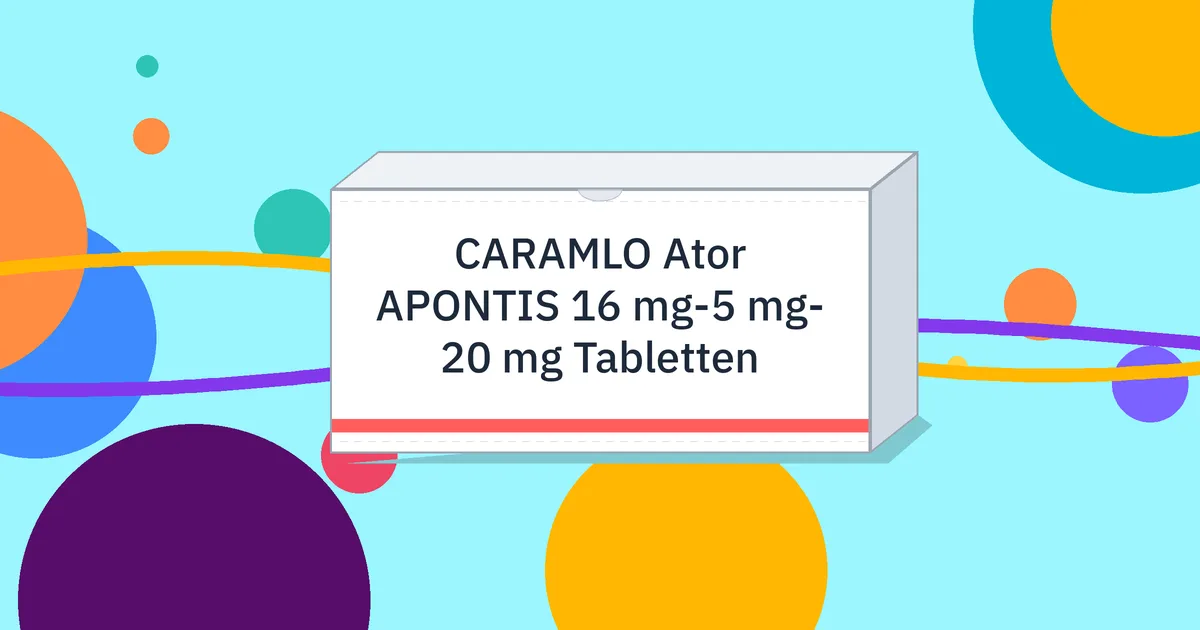 Symbolbild: Packung mit der Aufschrift CARAMLO Ator APONTIS 16 mg-5 mg-20 mg Tabletten (PZN 19182104) – Verfügbarkeit und Bezug in Apotheken in Frankfurt am Main