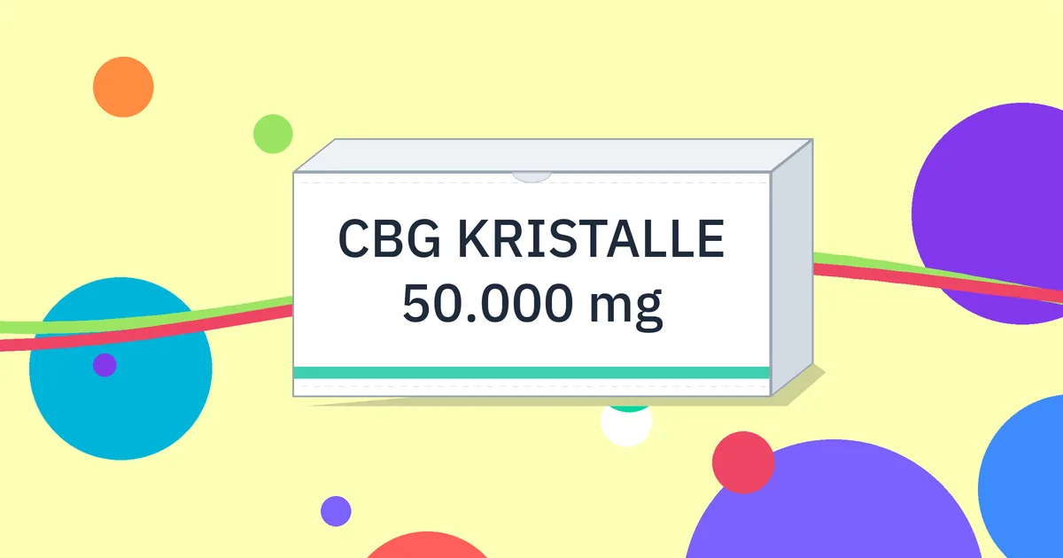 Symbolbild: Packung mit der Aufschrift CBG KRISTALLE 50.000 mg (PZN 15584283) – Verfügbarkeit und Bezug in Apotheken in Frankfurt am Main