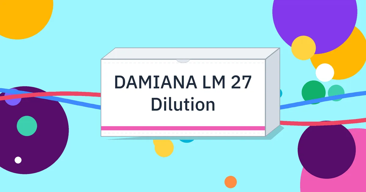 Symbolbild: Packung mit der Aufschrift DAMIANA LM 27 Dilution (PZN 13461180) – Verfügbarkeit und Bezug in Apotheken in Frankfurt am Main