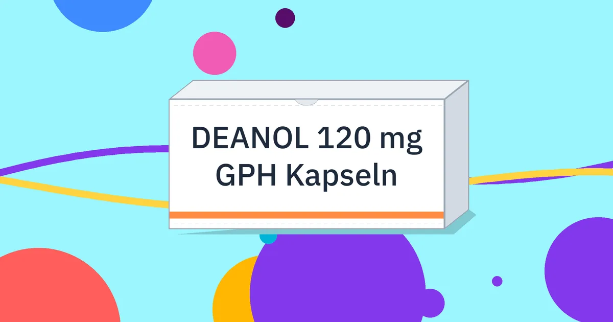 Symbolbild: Packung mit der Aufschrift DEANOL 120 mg GPH Kapseln (PZN 10977368) – Verfügbarkeit und Bezug in Apotheken in Frankfurt am Main