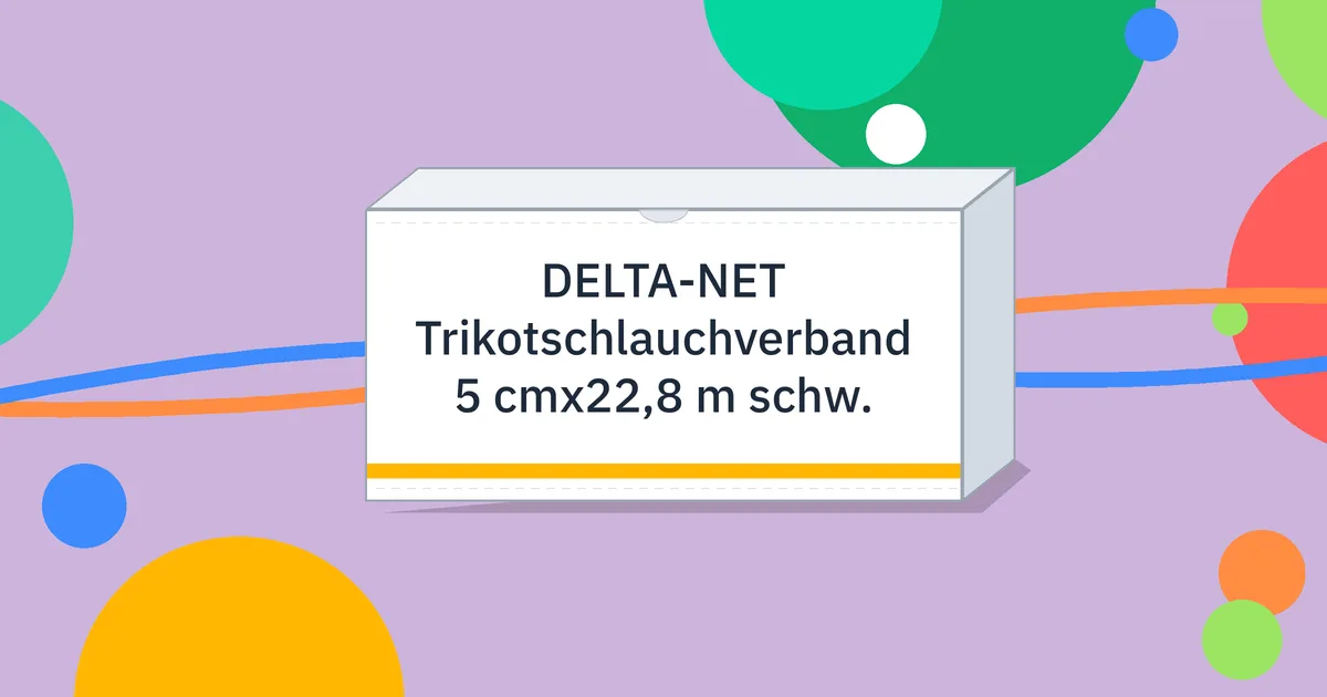 Symbolbild: Packung mit der Aufschrift DELTA-NET Trikotschlauchverband 5 cmx22,8 m schw. (PZN 16127429) – Verfügbarkeit und Bezug in Apotheken in Frankfurt am Main