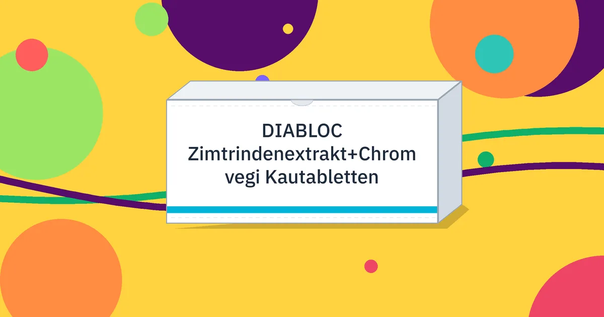 Symbolbild: Packung mit der Aufschrift DIABLOC Zimtrindenextrakt+Chrom vegi Kautabletten (PZN 16228975) – Verfügbarkeit und Bezug in Apotheken in Frankfurt am Main