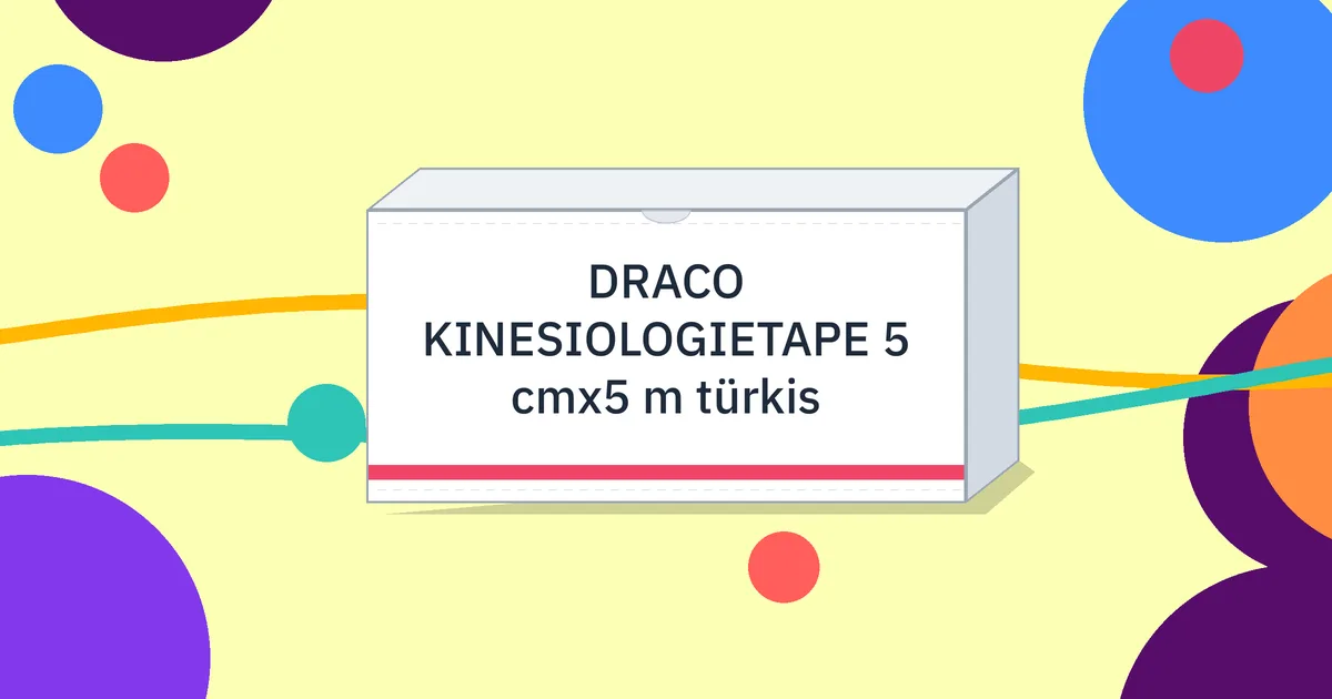 Symbolbild: Packung mit der Aufschrift DRACO KINESIOLOGIETAPE 5 cmx5 m türkis (PZN 18108643) – Verfügbarkeit und Bezug in Apotheken in Frankfurt am Main