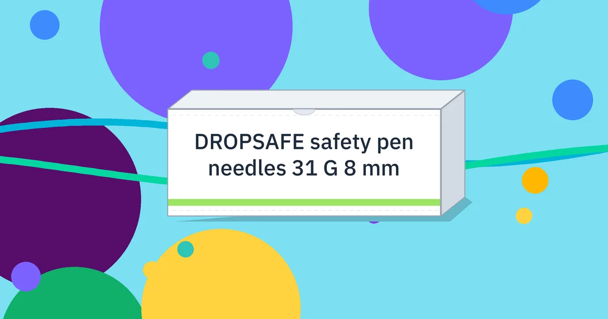 Symbolbild: Packung mit der Aufschrift DROPSAFE safety pen needles 31 G 8 mm (PZN 16169528) – Verfügbarkeit und Bezug in Apotheken in Frankfurt am Main