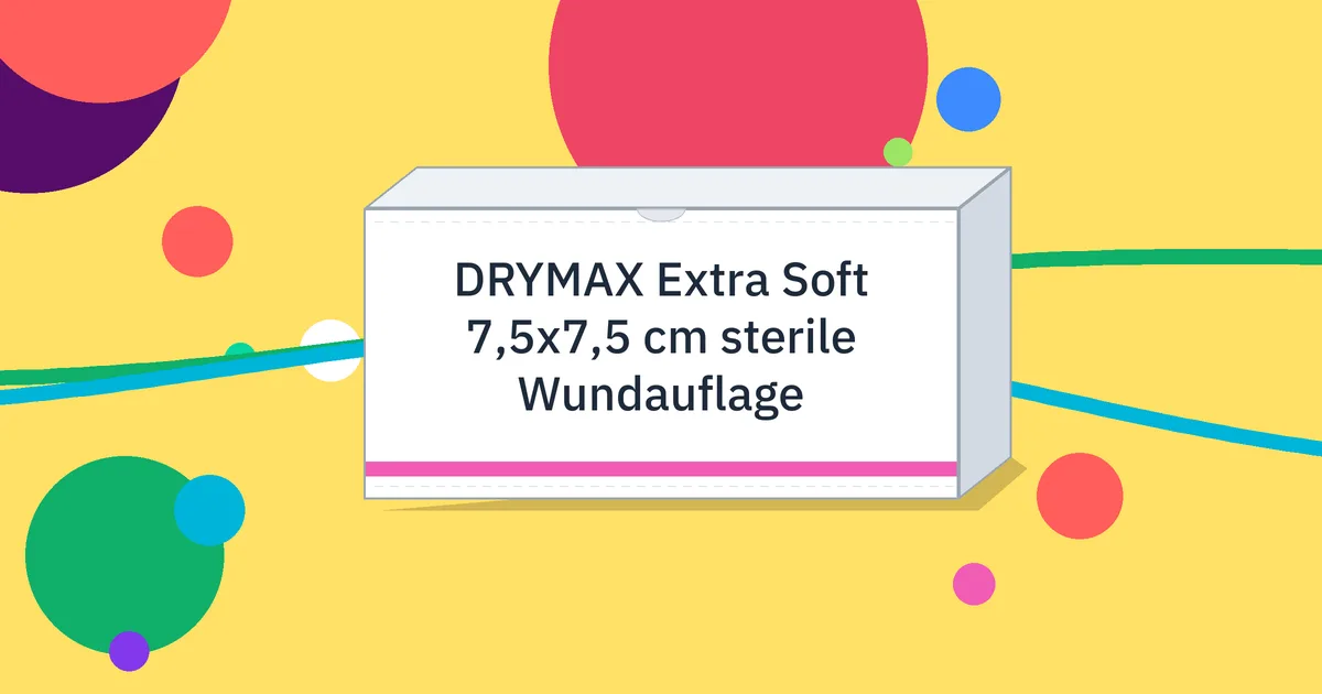 Symbolbild: Packung mit der Aufschrift DRYMAX Extra Soft 7,5x7,5 cm sterile Wundauflage (PZN 14360771) – Verfügbarkeit und Bezug in Apotheken in Frankfurt am Main