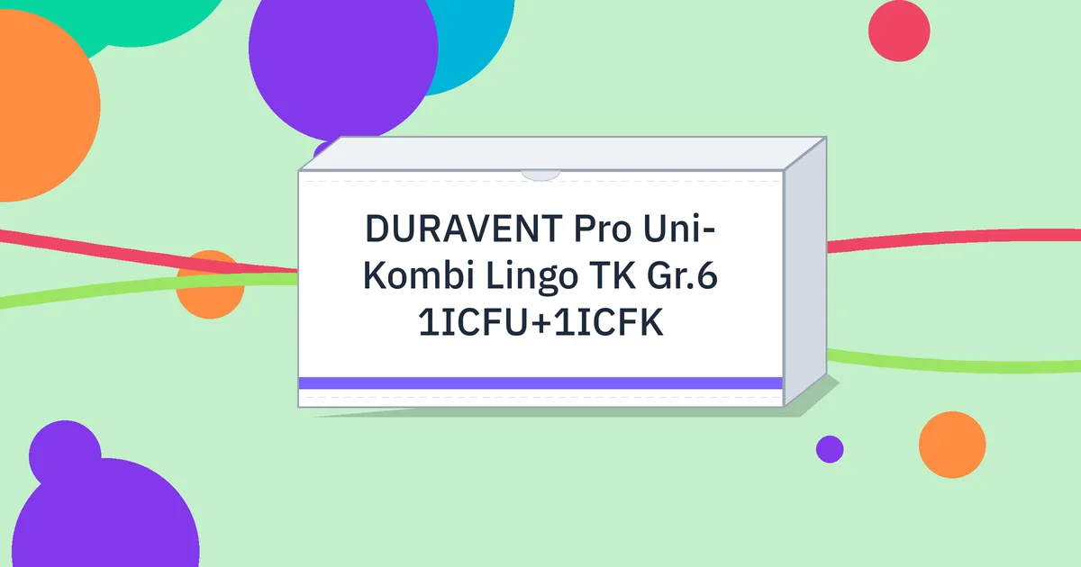 Symbolbild: Packung mit der Aufschrift DURAVENT Pro Uni-Kombi Lingo TK Gr.6 1ICFU+1ICFK (PZN 19242579) – Verfügbarkeit und Bezug in Apotheken in Frankfurt am Main