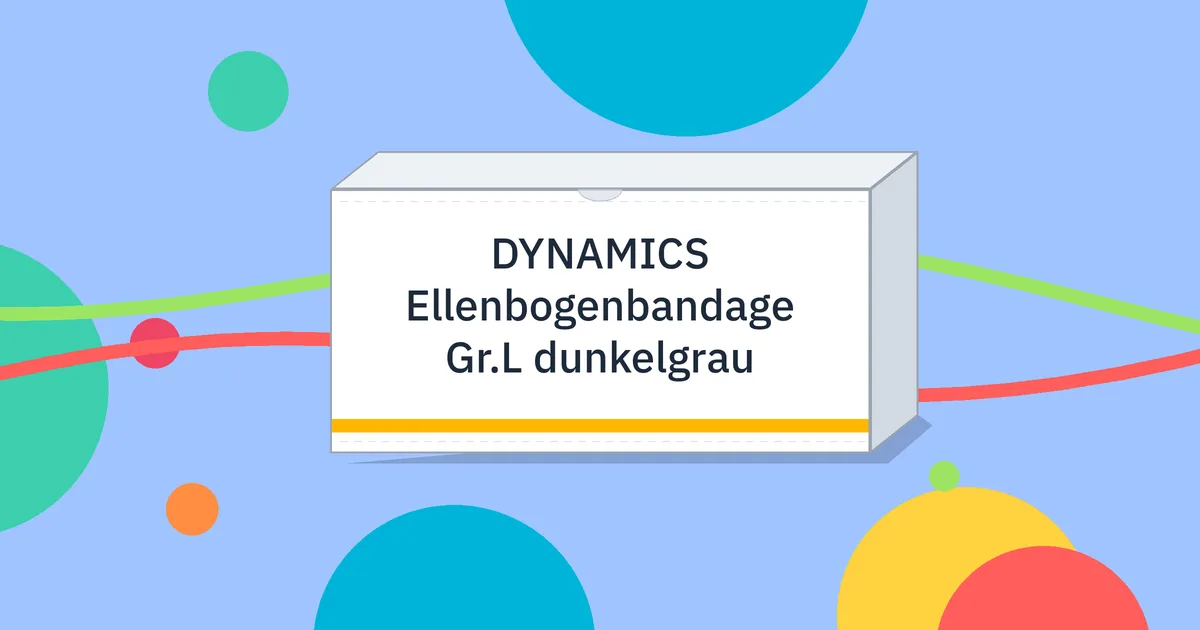 Symbolbild: Packung mit der Aufschrift DYNAMICS Ellenbogenbandage Gr.L dunkelgrau (PZN 10631977) – Verfügbarkeit und Bezug in Apotheken in Frankfurt am Main