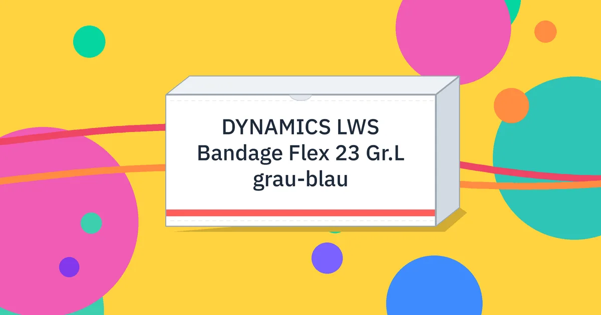 Symbolbild: Packung mit der Aufschrift DYNAMICS LWS Bandage Flex 23 Gr.L grau-blau (PZN 10634154) – Verfügbarkeit und Bezug in Apotheken in Frankfurt am Main