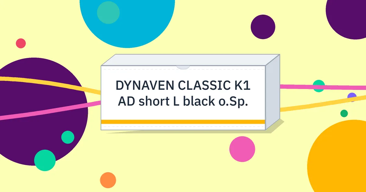 Symbolbild: Packung mit der Aufschrift DYNAVEN CLASSIC K1 AD short L black o.Sp. (PZN 18414191) – Verfügbarkeit und Bezug in Apotheken in Frankfurt am Main
