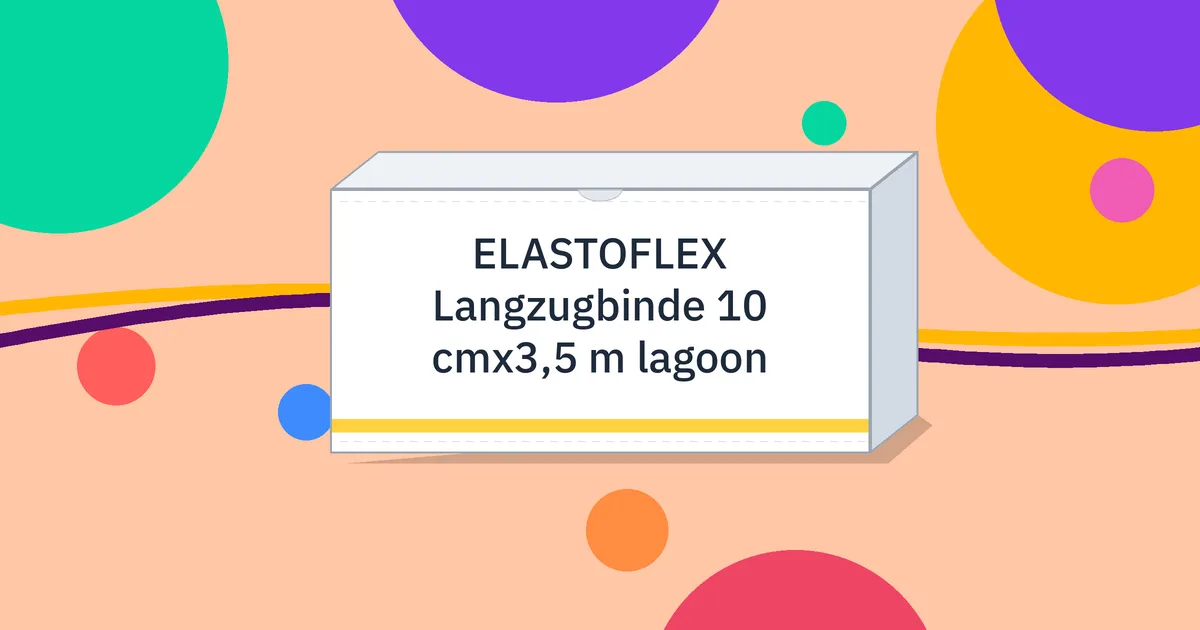 Symbolbild: Packung mit der Aufschrift ELASTOFLEX Langzugbinde 10 cmx3,5 m lagoon (PZN 17175293) – Verfügbarkeit und Bezug in Apotheken in Frankfurt am Main